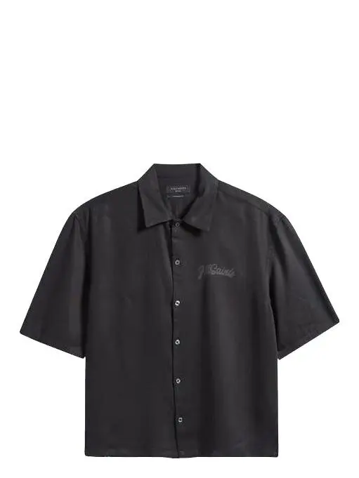 ALLSAINTS Circe Logo Graphic Oversize Short Sleeve Button-up Shirt - Jet Black