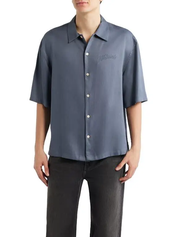 ALLSAINTS Circe Logo Graphic Oversize Short Sleeve Button-up Shirt - Moonstone Blue