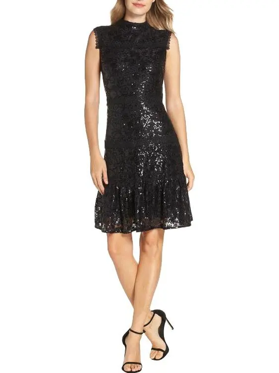 Julia Jordan Sequin Lace Ruffle Hem Dress - Black