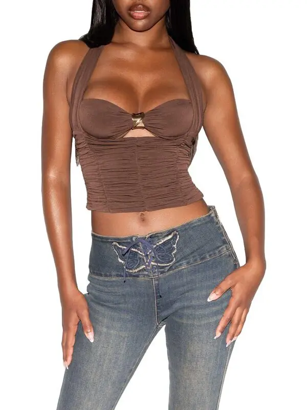 TIGER MIST Briallen Ruched Halter Top - Chocolate Brown