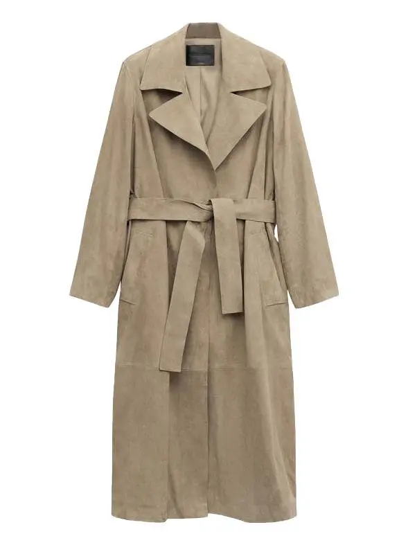 Mango Long Belted Suede Trench Coat - Medium Brown