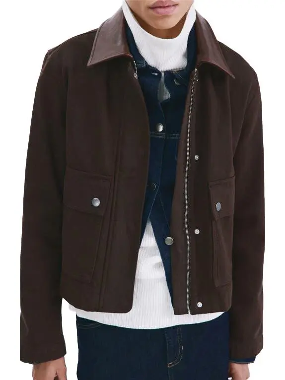 Mango Denim And Faux Leather Barn Jacket - Chocolate