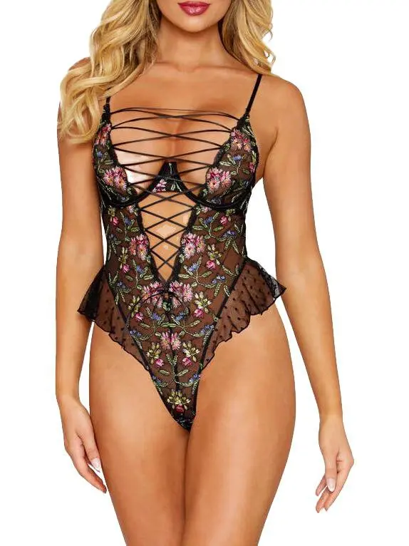 DREAMGIRL Ruffled Lace Underwire Teddy - Black