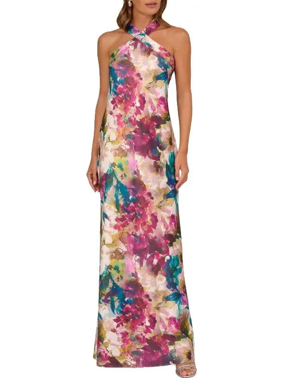Adrianna Papell Floral Print Satin Gown - Pink Multi