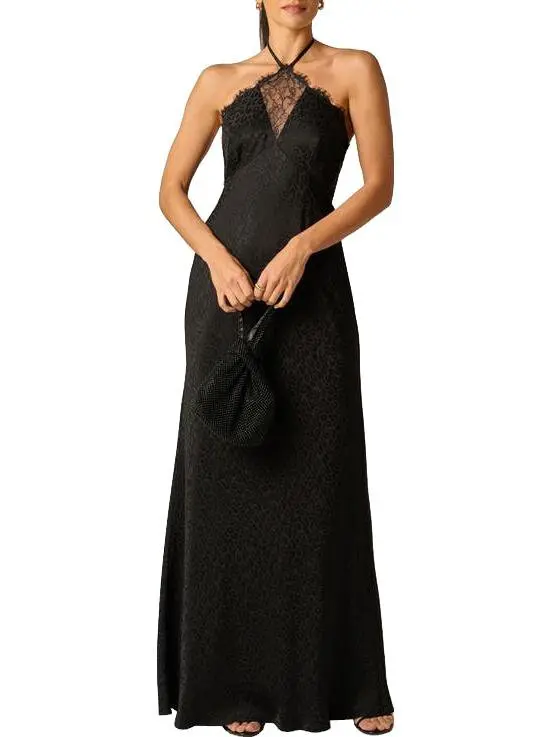 Adrianna Papell Leopard Jacquard & Lace Halter Gown - Black