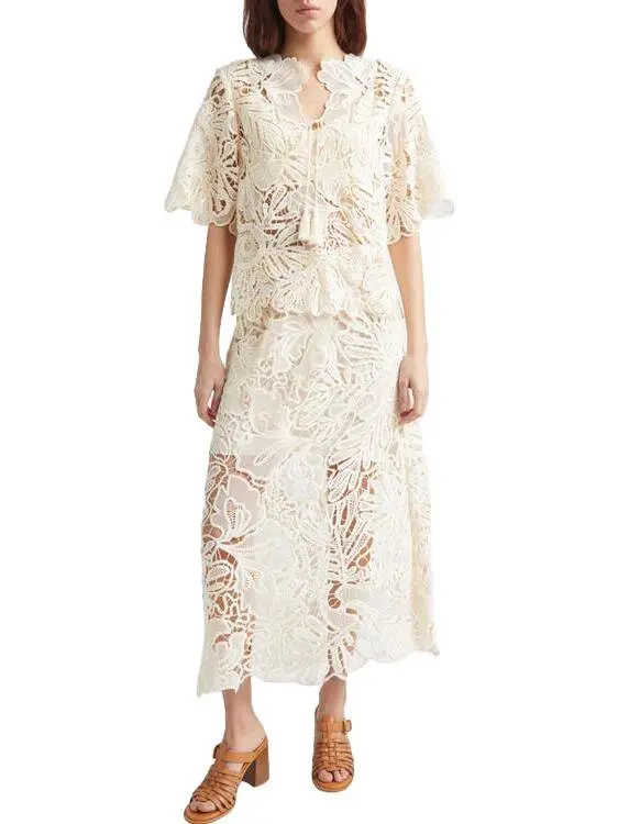 Ulla Johnson Gallina Corded Lace Midi Skirt - Chalk