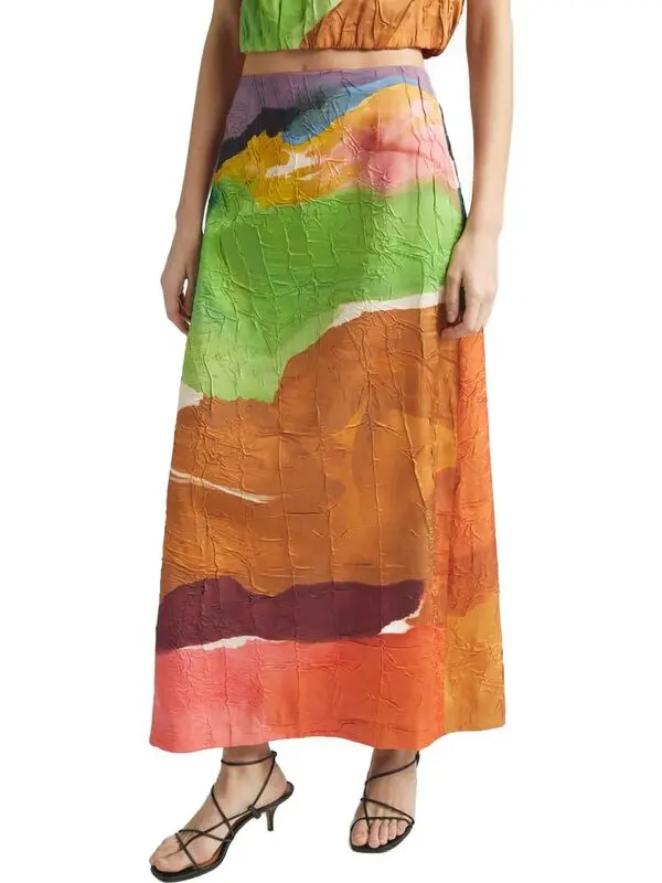 Ulla Johnson X Helen Frankenthaler Inez Crinkled Satin Pencil Skirt - Nature Abhors A Vacuum