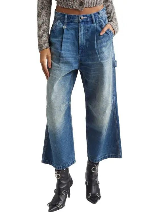 R13 Pleated Crop Wide Leg Carpenter Jeans - Depot Blue