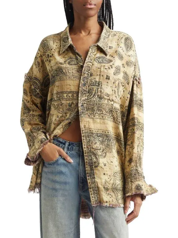 R13 Oversized Shredded Seam Button-up Shirt - Khaki Bandana Black Overprint