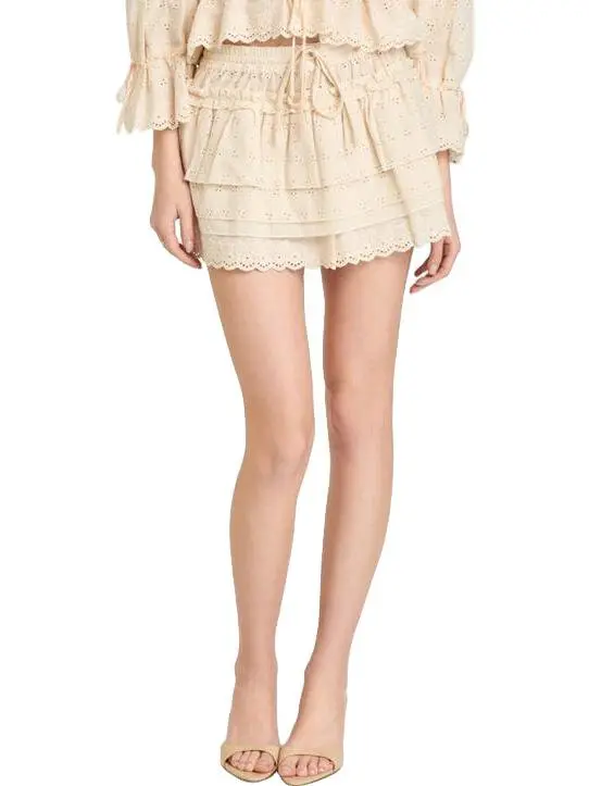 WAYF Sophia Tiered Ruffle Eyelet Skirt - Beige