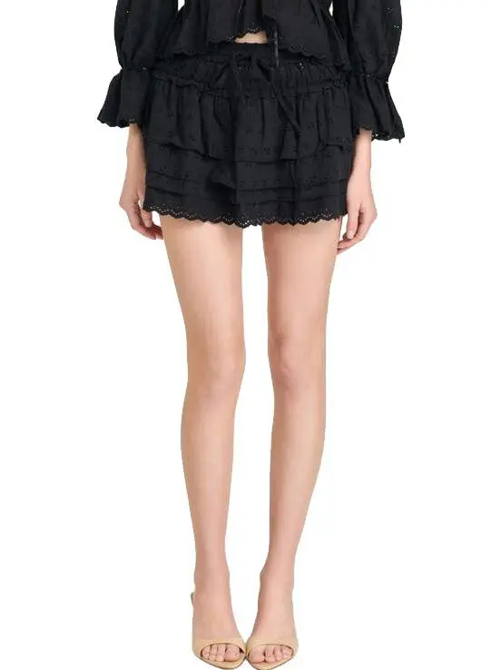 WAYF Sophia Tiered Ruffle Eyelet Skirt - Black