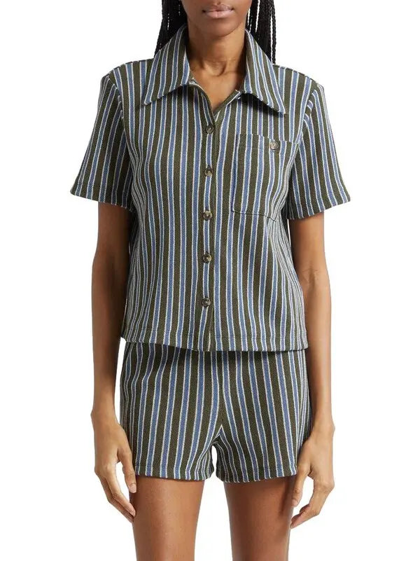 Veronica Beard Kyan Stripe Cotton Blend Button-up Shirt - Army Blue Multi