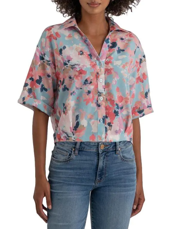 Kut From The Kloth Floral Print Short Sleeve Button-up Shirt - Sky