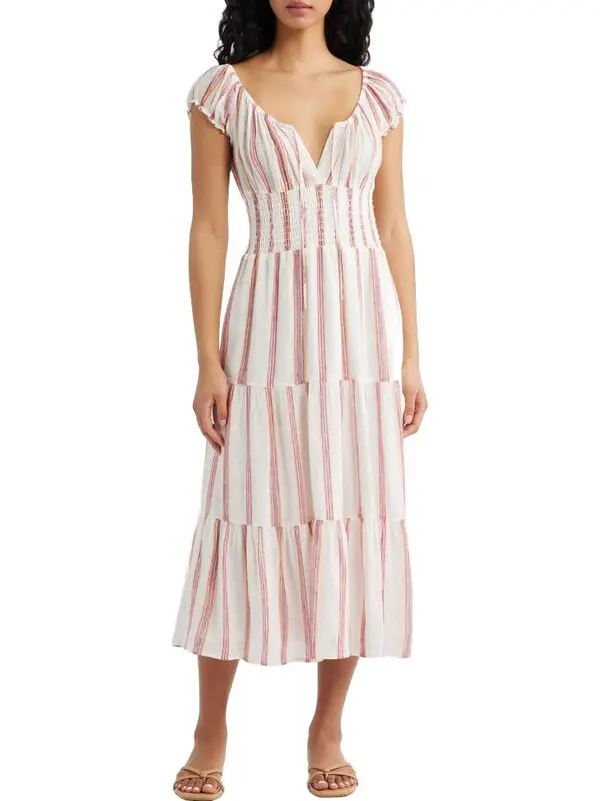 Rails Daria Stripe Smocked Waist Linen Blend Dress - Primavera Stripe