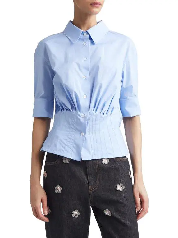 Marni Pintuck Peplum Poplin Button-up Shirt - Iris Blue