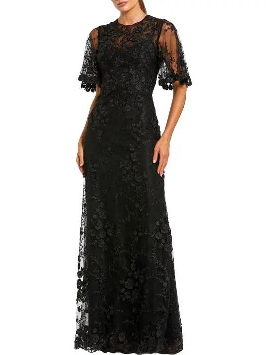 Mac Duggal Petite Flutter Sleeve Floral Embroidered Net Gown - Black