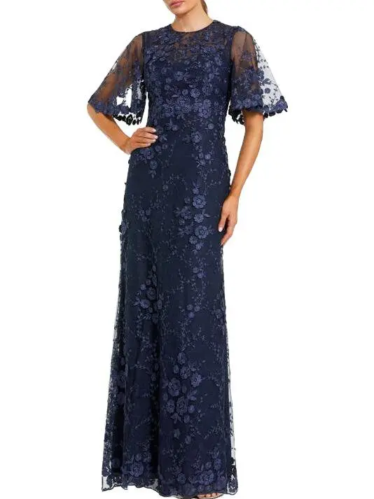 Mac Duggal Floral Embroidered Net Gown - Midnight