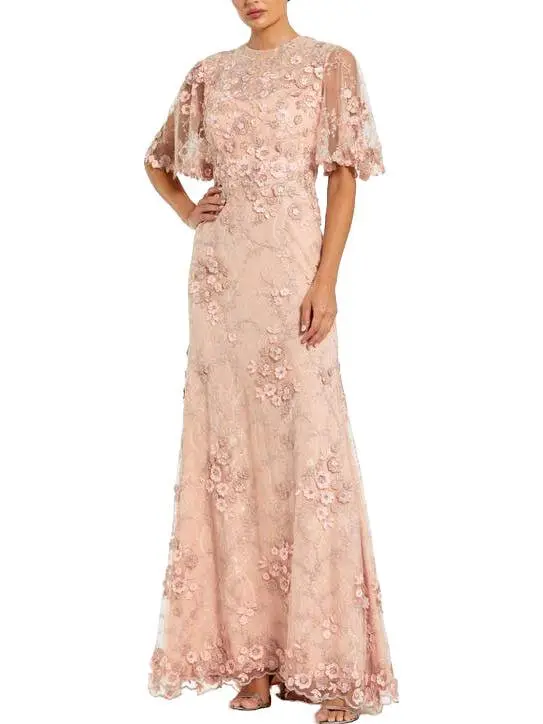 Mac Duggal Petite Flutter Sleeve Floral Embroidered Net Gown - Rose