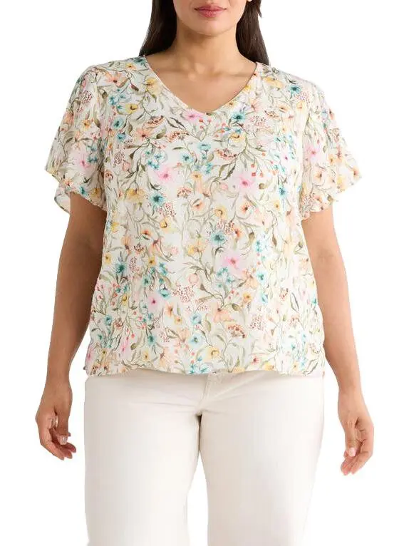Vince Camuto Printed V-neck Top With Tulip Sleeves - Antique White