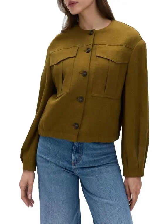 M&s Collarless Jacket With Drawstring Hem - Moss