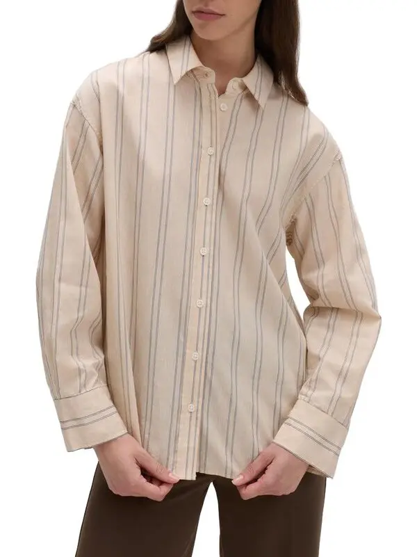 M&s Striped Button-front Shirt - Beige