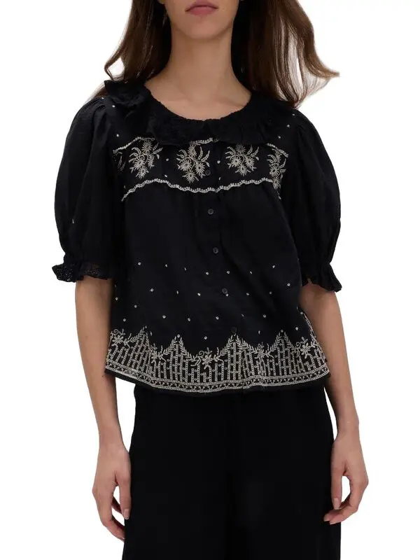 PER UNA BY M&S Embroidered Lace Collar Crop Top - Black/multi