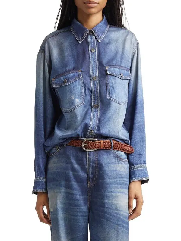 GOLDEN GOOSE Journey Patty Distressed Twill Button-up Shirt - Blue