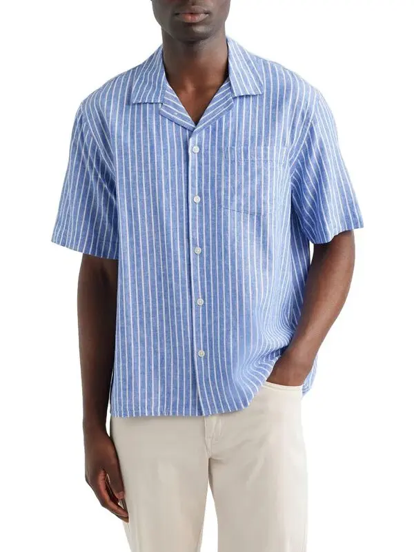 CORRIDOR Stripe Linen & Cotton Camp Shirt - Blue
