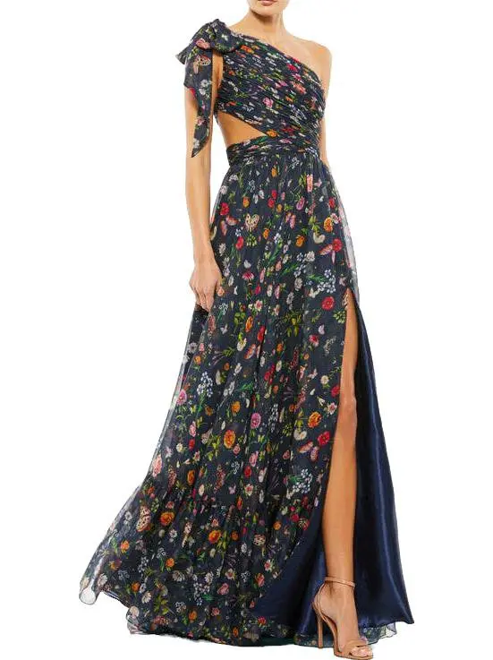 Mac Duggal One-shoulder Floral Gown - Navy Multi