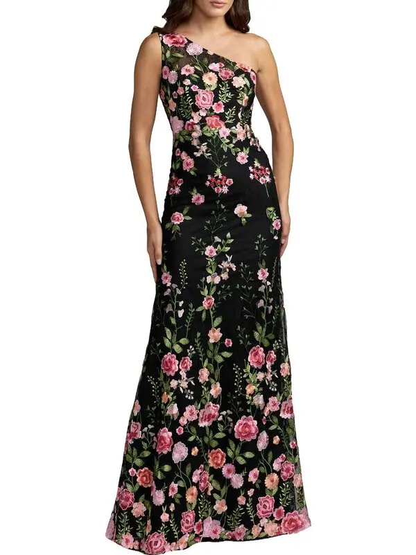 Mac Duggal One Shoulder Lace Embroidered Gown - Black Multi
