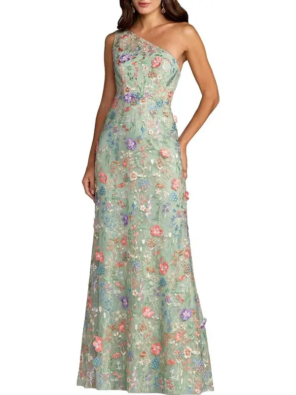 Mac Duggal Petite One Shoulder Lace Embroidered Gown - Sage Multi