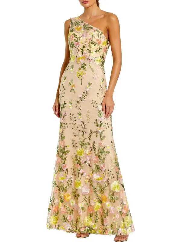 Mac Duggal Petite One Shoulder Lace Embroidered Gown - Yellow Multi