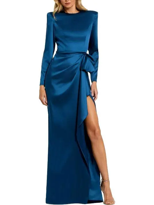 Mac Duggal Satin Bow Draped Column Gown - Ocean Blue