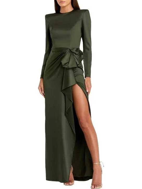 Mac Duggal Satin Bow Draped Column Gown - Olive