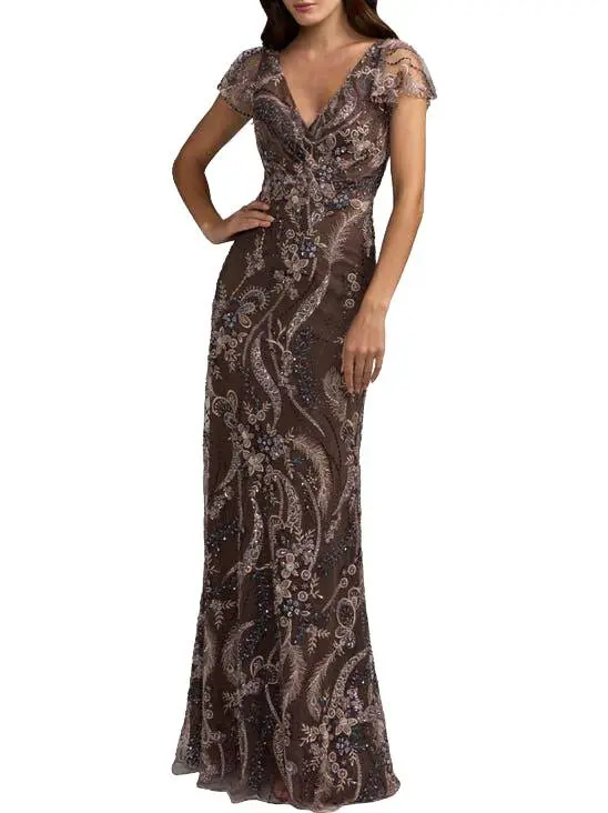 Mac Duggal Petite V-neck Flutter Sleeve Floral Embroidered Gown - Chocolate
