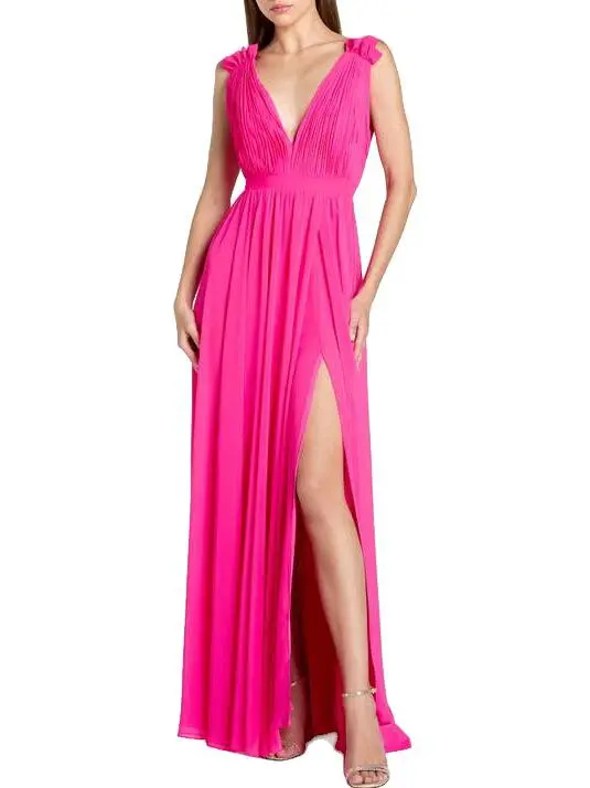 Mac Duggal Petite Sleeveless Pleated Chiffon V-neck Gown - Hot Pink