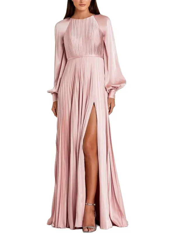 Mac Duggal Pleated Raglan Long Sleeve Gown - Blush
