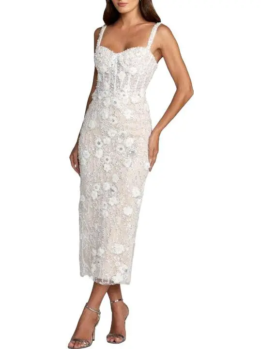 Mac Duggal Embellished Lace Midi Dress - Ivory Nude