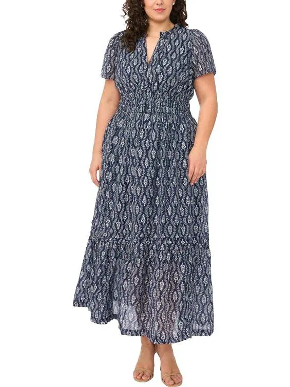 CECE DUPRAZ Printed Smocked Waist Maxi Dress - Classic Navy