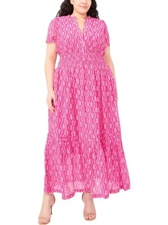 CECE DUPRAZ Printed Smocked Waist Maxi Dress - Magenta