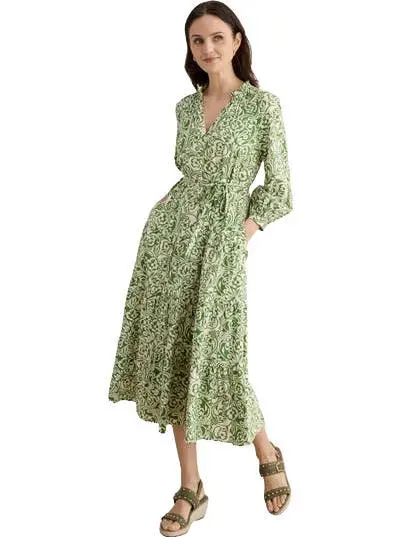 HOBBS LONDON Amaris Printed Shirred Waist Midi Dress - Green Cream