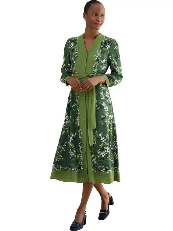 HOBBS LONDON Apolline Printed V-neck Midi Shirt Dress - Green Multi