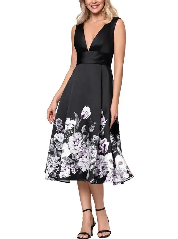 Betsy & Adam Floral Border Plunge Neck Cocktail Midi Dress - Black/charcoal