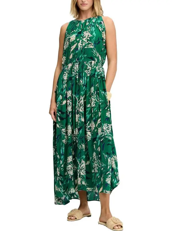 Sam Edelman Printed Sleeveless Maxi Dress With Side Ties - Dark Spring Green