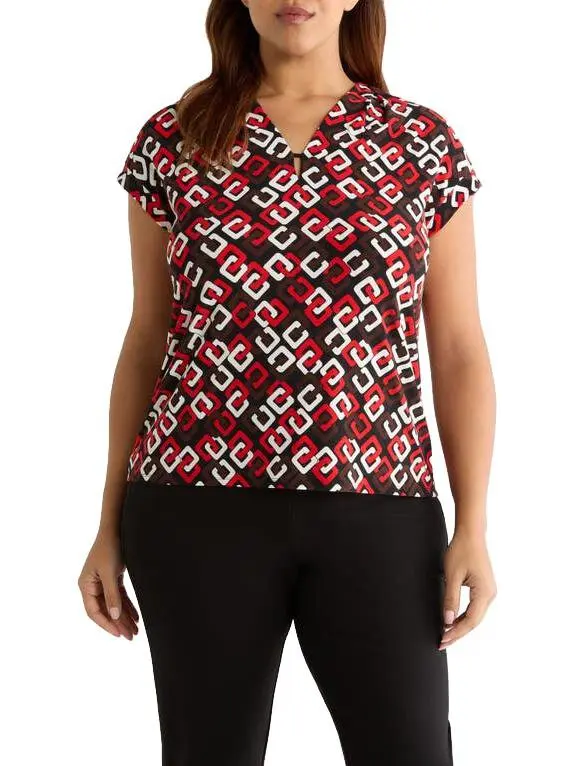Anne Klein Printed V-neck Top - Begonia Red Multi