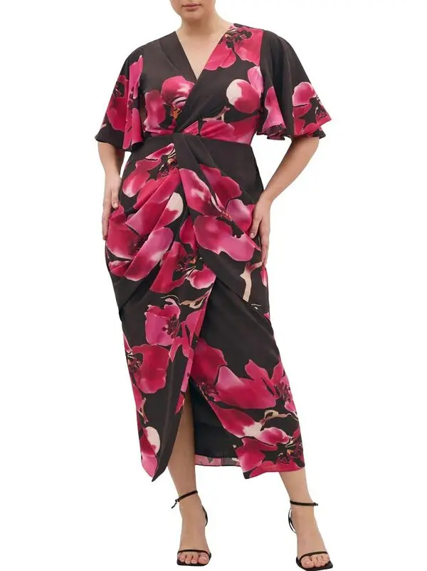City Chic Braelynn Floral Flutter Sleeve Maxi Dress - Chocolate Fleur