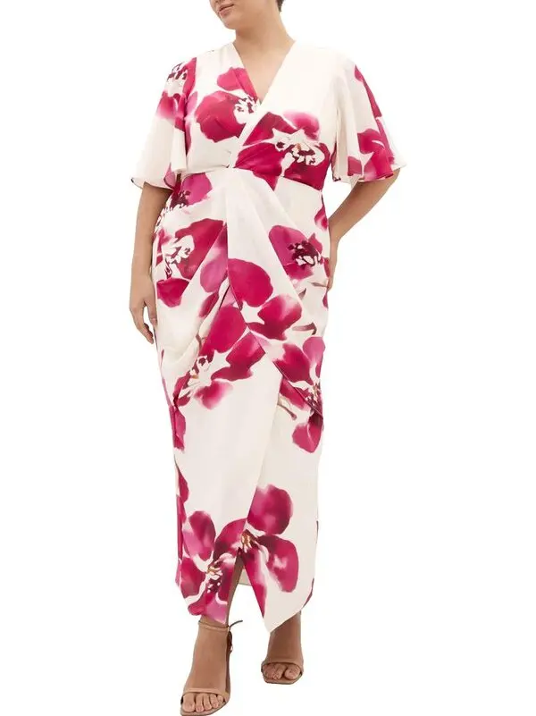City Chic Braelynn Floral Flutter Sleeve Maxi Dress - Cream Fleur