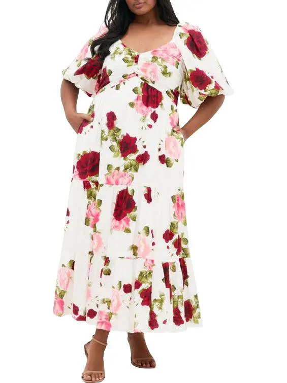 City Chic Floral Print Puff Sleeve Maxi Dress - Dolce Ivory