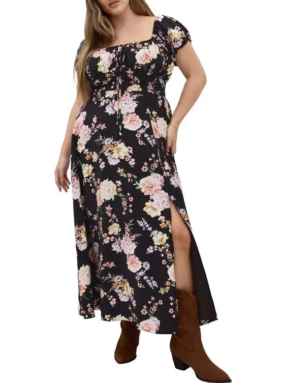 City Chic Puff Sleeve Maxi Dress - Black Flirty Floral