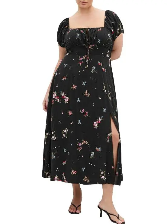 City Chic Floral Print Midi Dress - Petal Bouquet Black